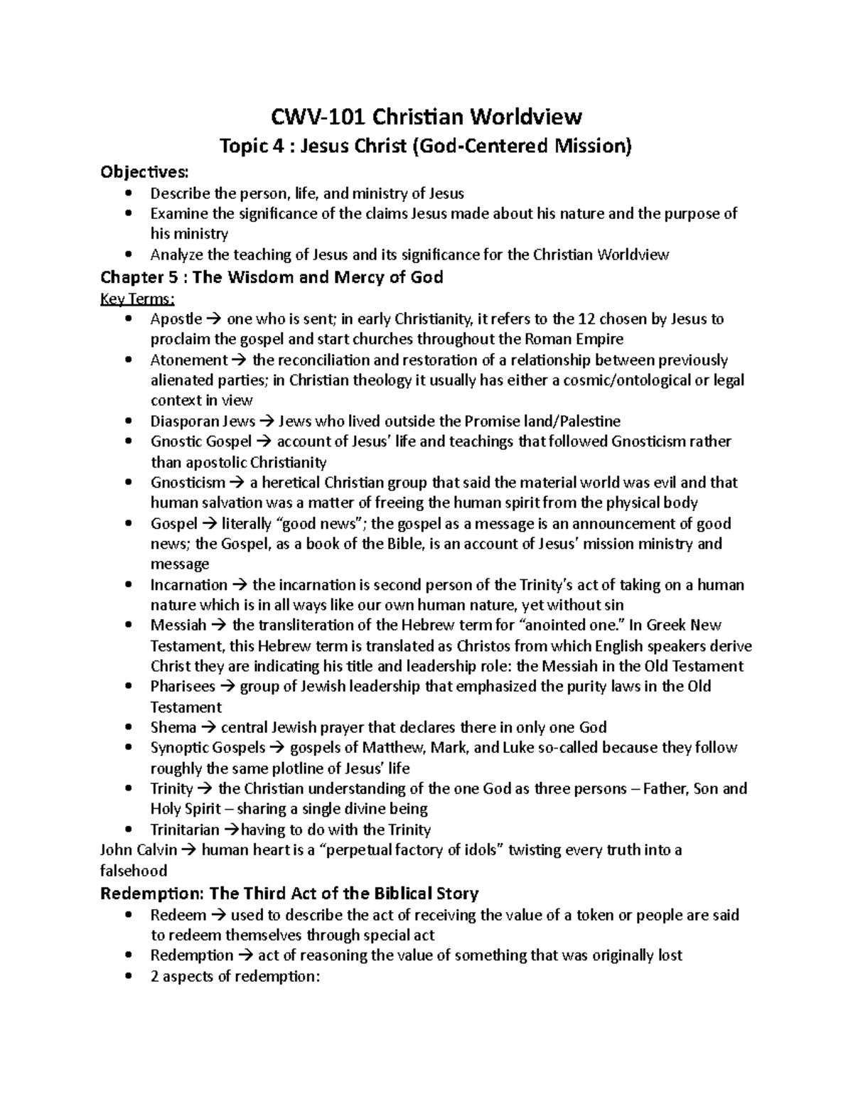 Jesus Christ - notes - CWV-101 Christian Worldview Topic 4 : Jesus ...