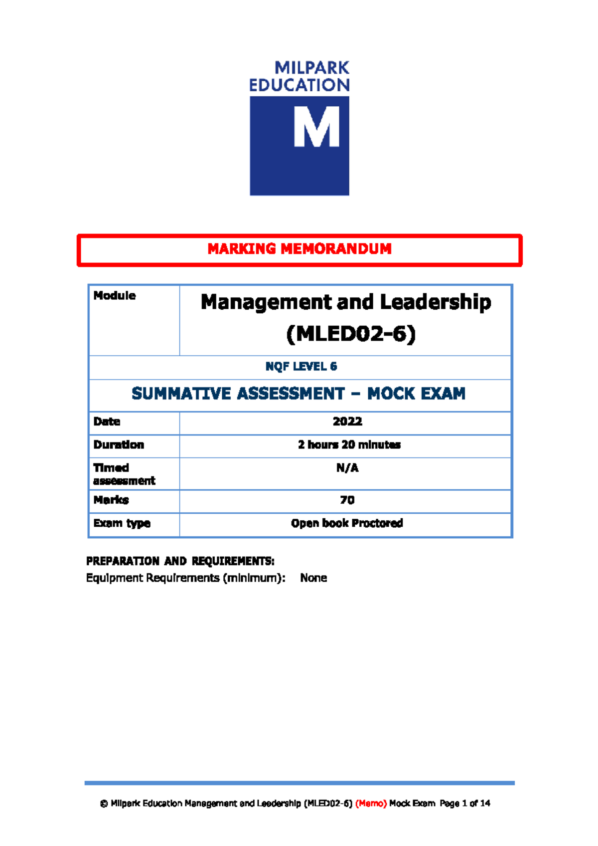 Mock exam - Mock exam - Summary Management and Leadership - MILPARK EDUCATION M MARKING ...