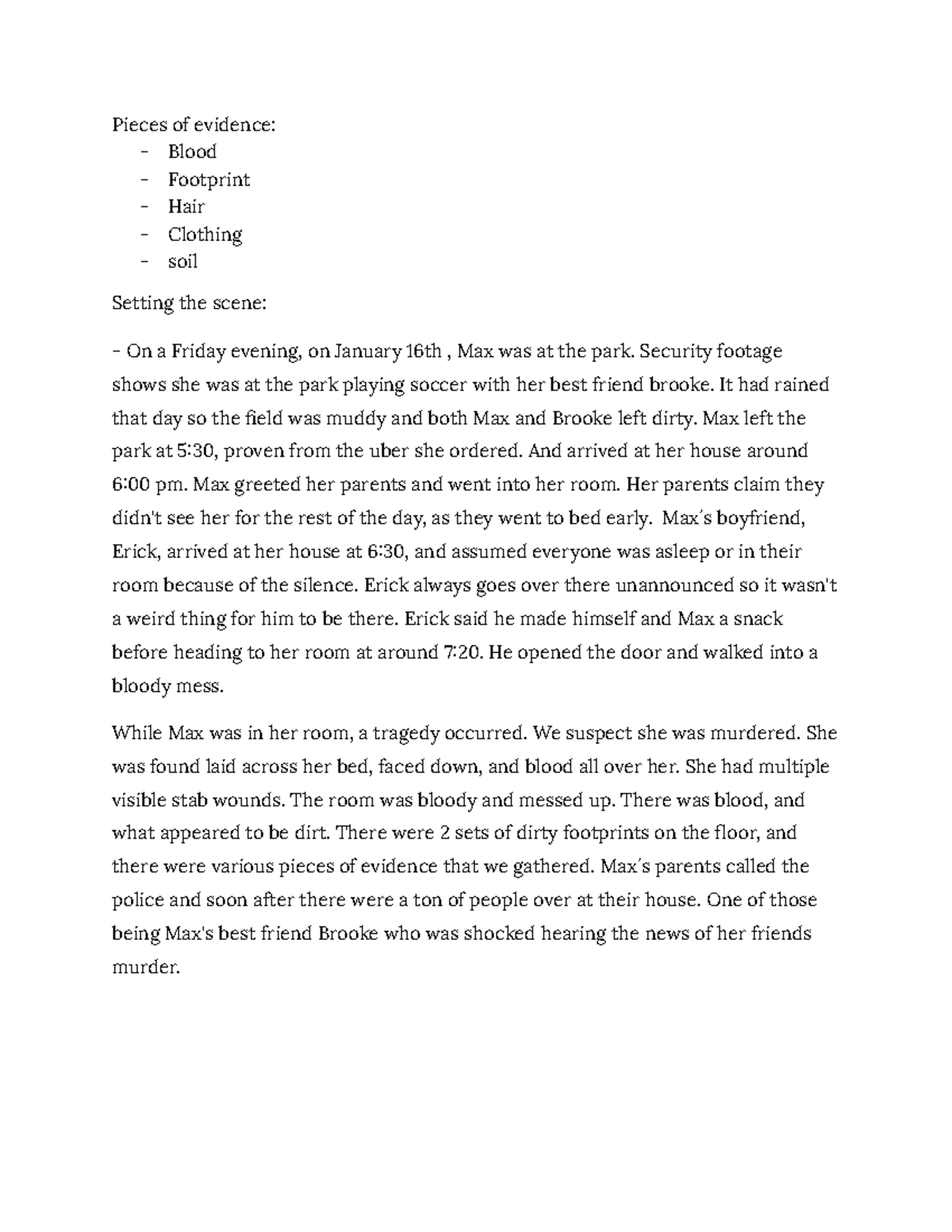 CSI Crime Worksheet - Pieces of evidence: - Blood - Footprint - Hair ...