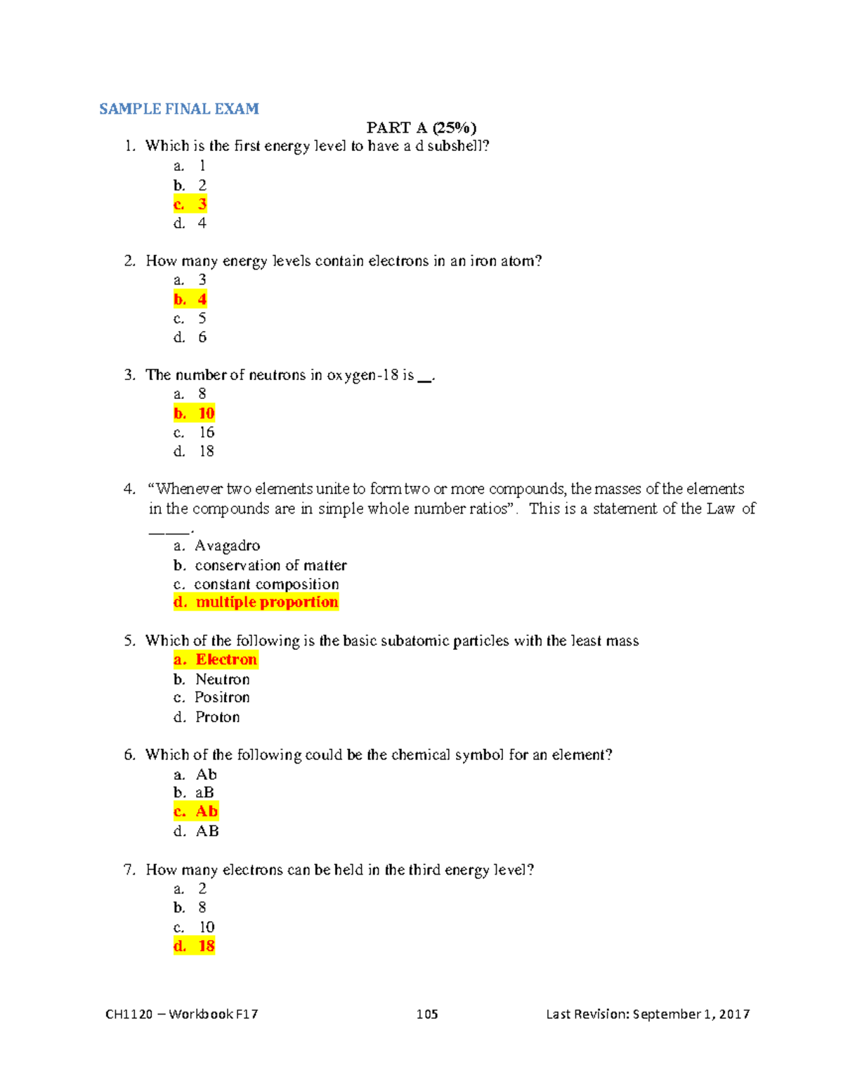 Sample Final Exam (Answers Included) - SAMPLE FINAL EXAM PART A (25%) 1 ...