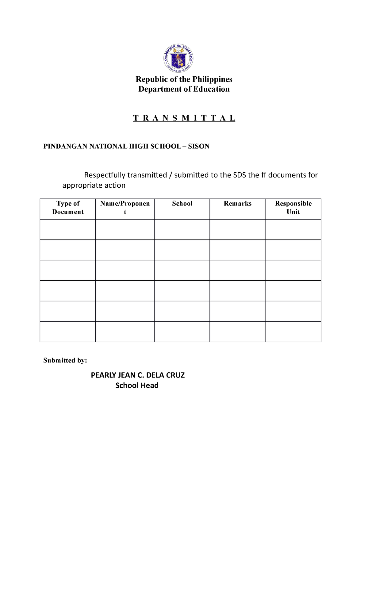 Transmittal - Informative docs - Republic of the Philippines Department of Education T R A N S M ...