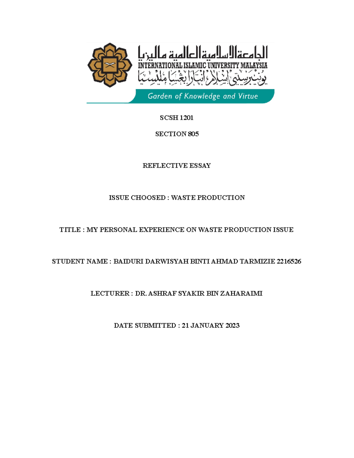 Reflective essay - Sustainable subject works - SCSH 1201 SECTION 805 ...