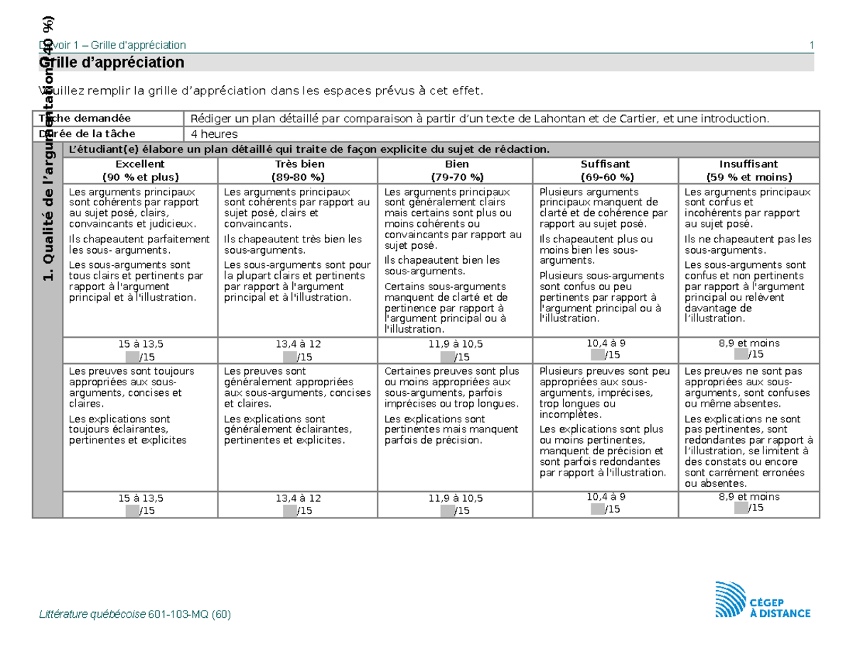 601-103-MQ dev 01 grille - Devoir 1 – Grille d’appréciation 1 Grille d’appréciation Veuillez ...