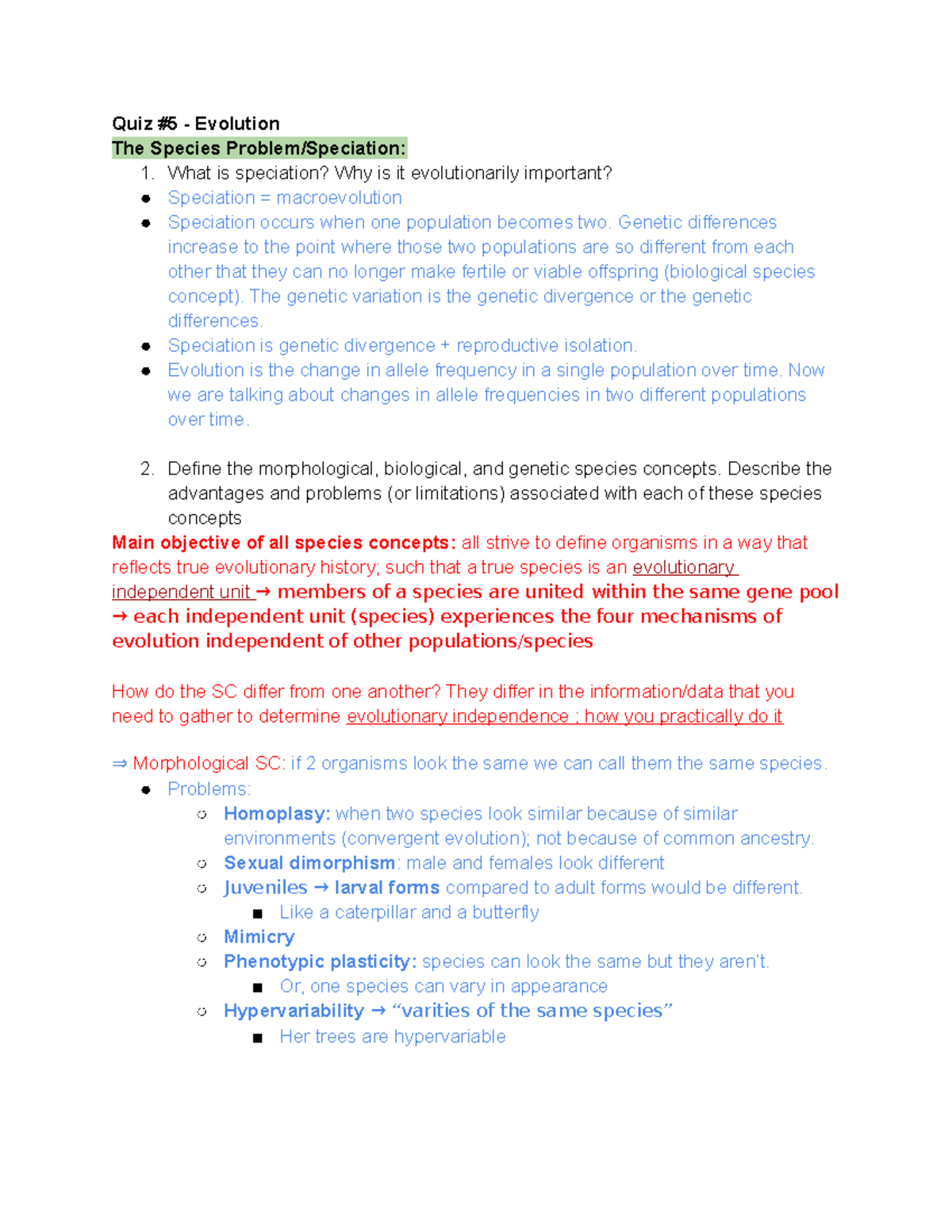 BIOL 415 Study Guide - Quiz 5 - Quiz #5 - Evolution The Species Problem ...