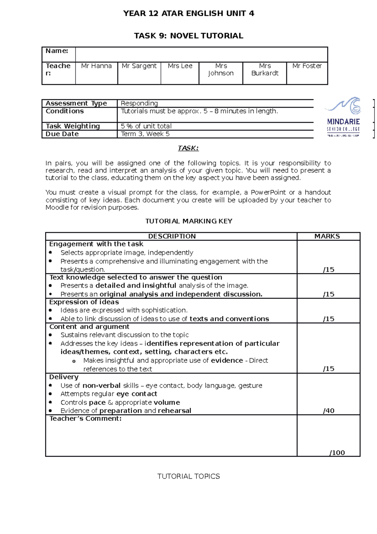 Task 9 Novel Tutorial 2022 - YEAR 12 ATAR ENGLISH UNIT 4 TASK 9: NOVEL ...