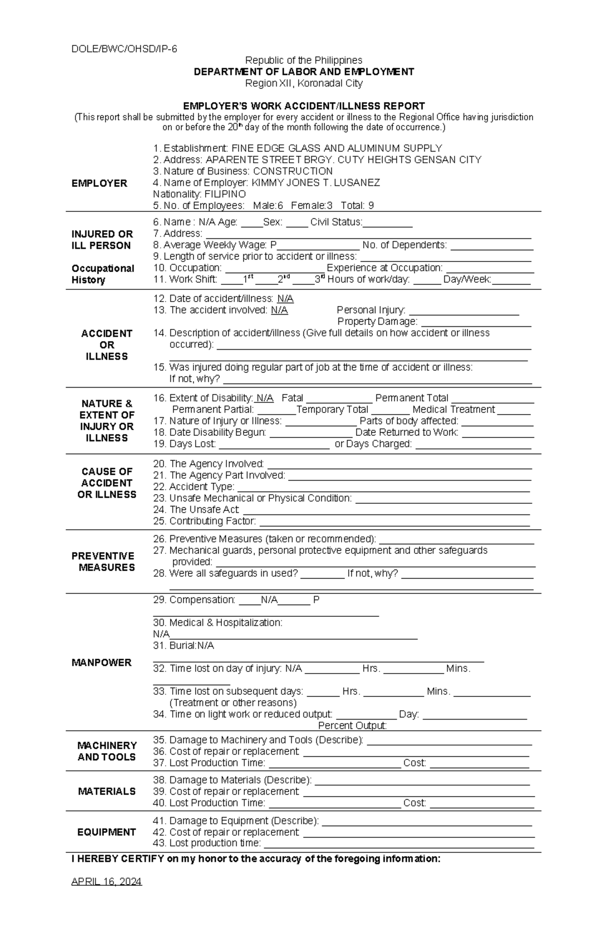 3.1 Employer's Work Accident Report - Fegas - DOLE/BWC/OHSD/IP ...