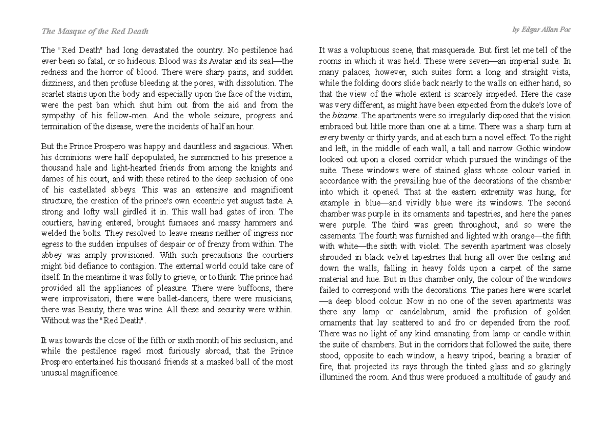 The masque of the red death - The "Red Death" had long devastated the ...