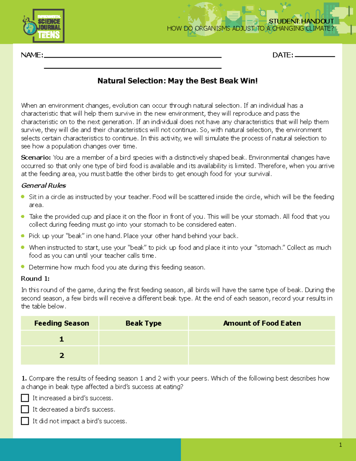 Bird Beak Lesson - HOW DO ORGANISMS ADJUST TO A CHANGING CLIMATE? When ...