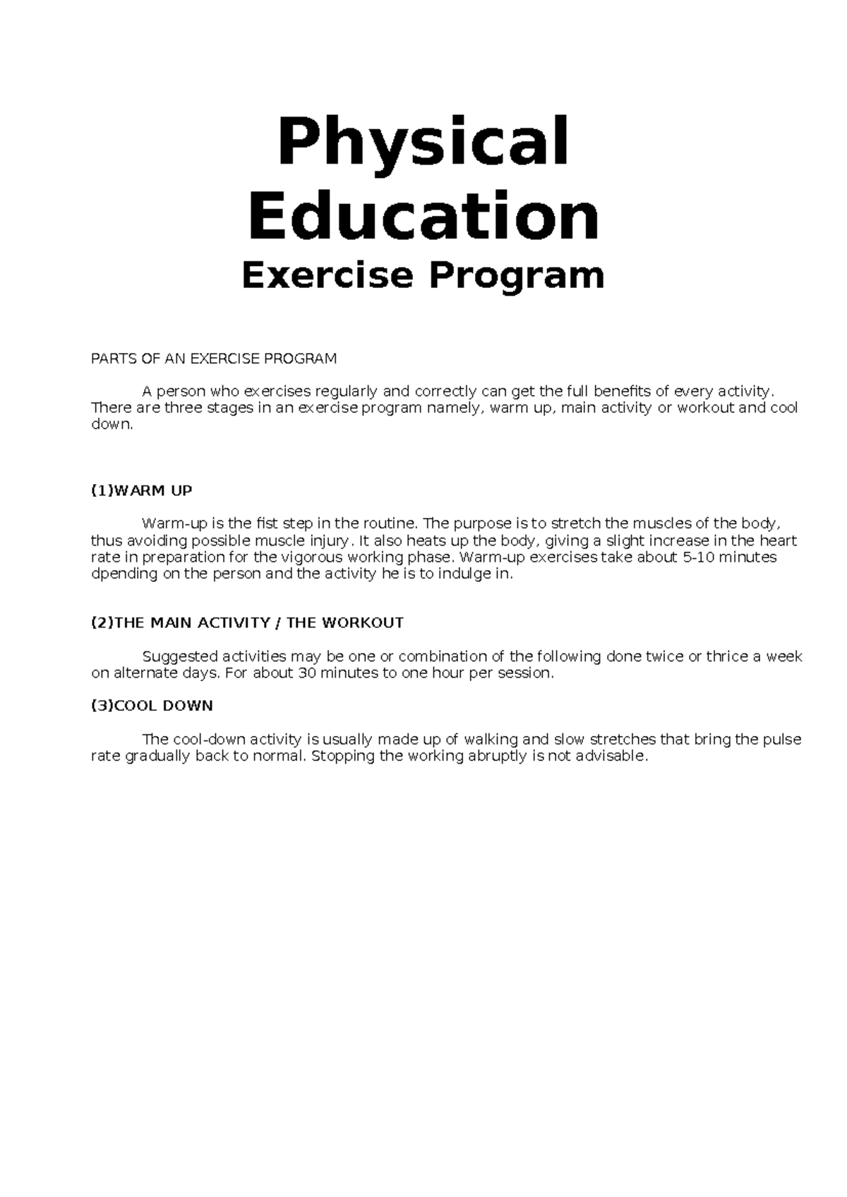 PE 1- Exercise Program - Physical Education Exercise Program PARTS OF ...