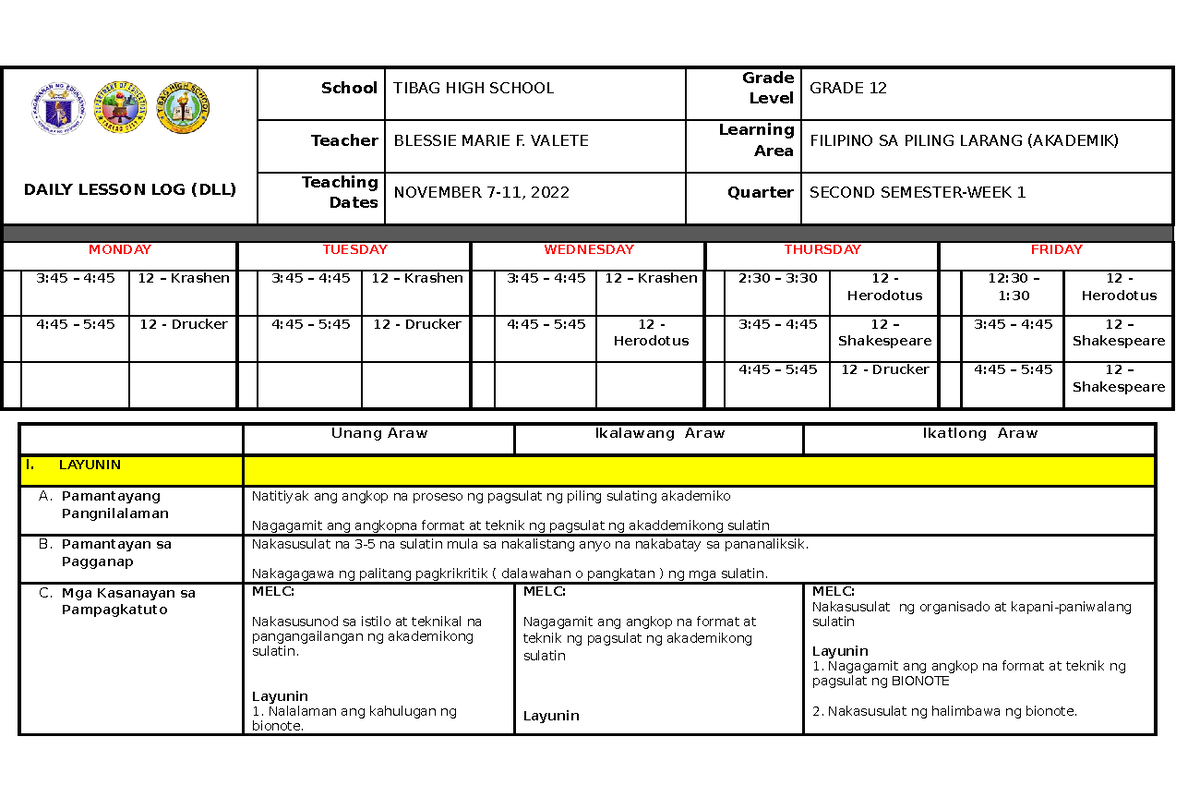 DLL 2Sem WEEK 1 - Filipino sa Piling Larang (AKAD) - Copy - DAILY LESSON LOG (DLL) School TIBAG ...