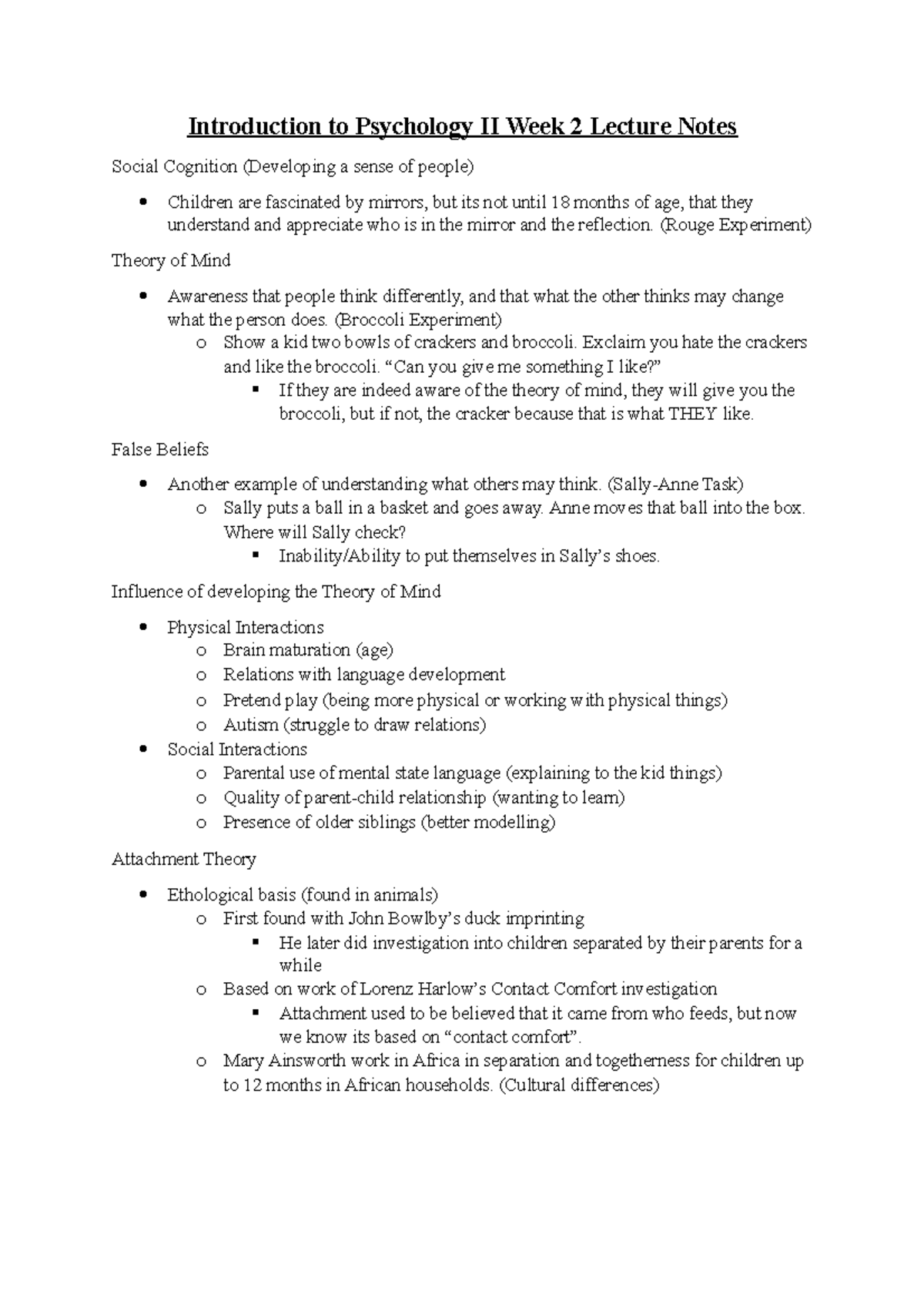 Introduction to Psychology II Week 2 Lecture Notes - (Rouge Experiment ...