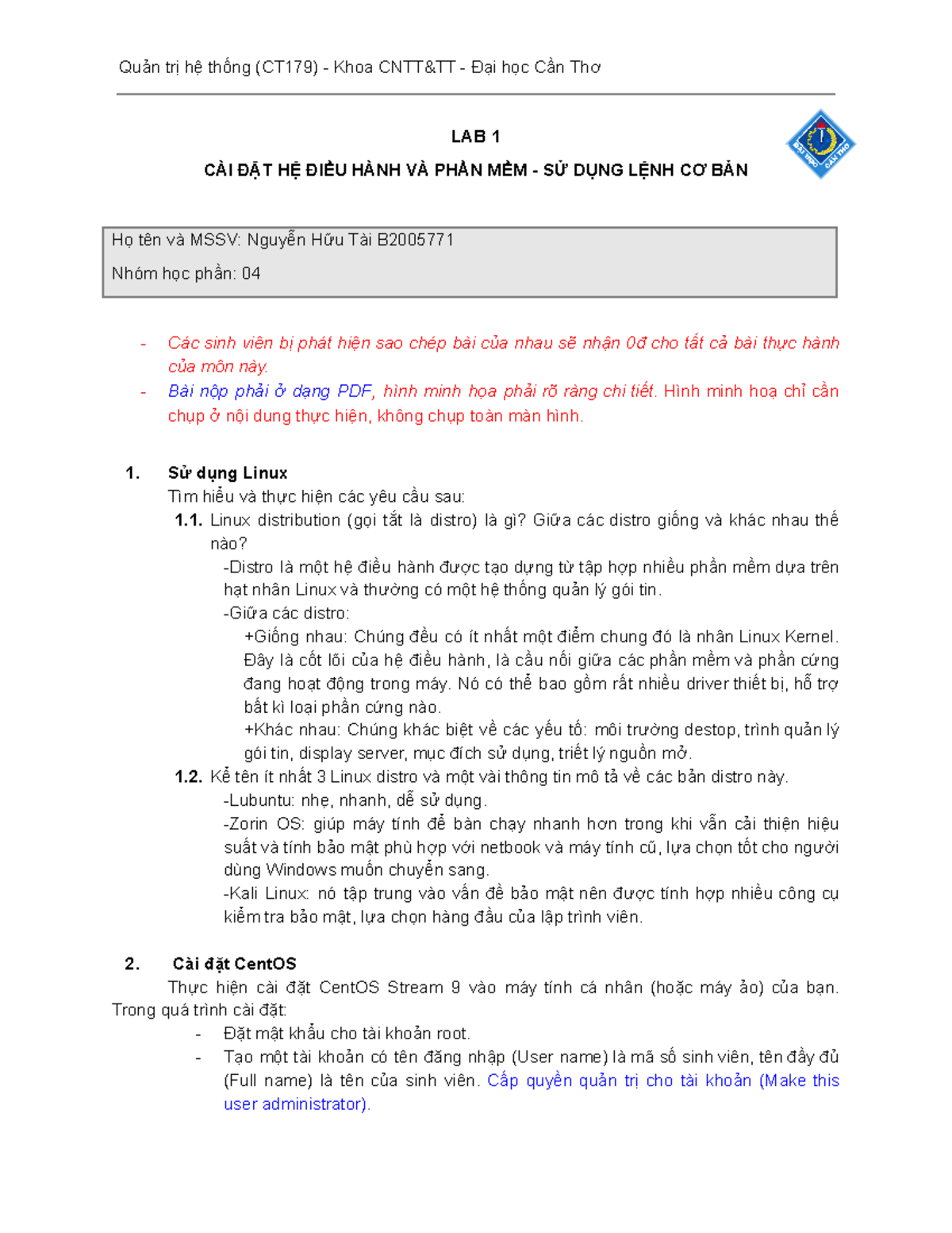 B2005 771 QTHT Lab1 01 2022 2023 - LAB 1 CÀI ĐẶT HỆ ĐIỀU HÀNH VÀ PHẦN MỀM - SỬ DỤNG LỆNH CƠ BẢN ...