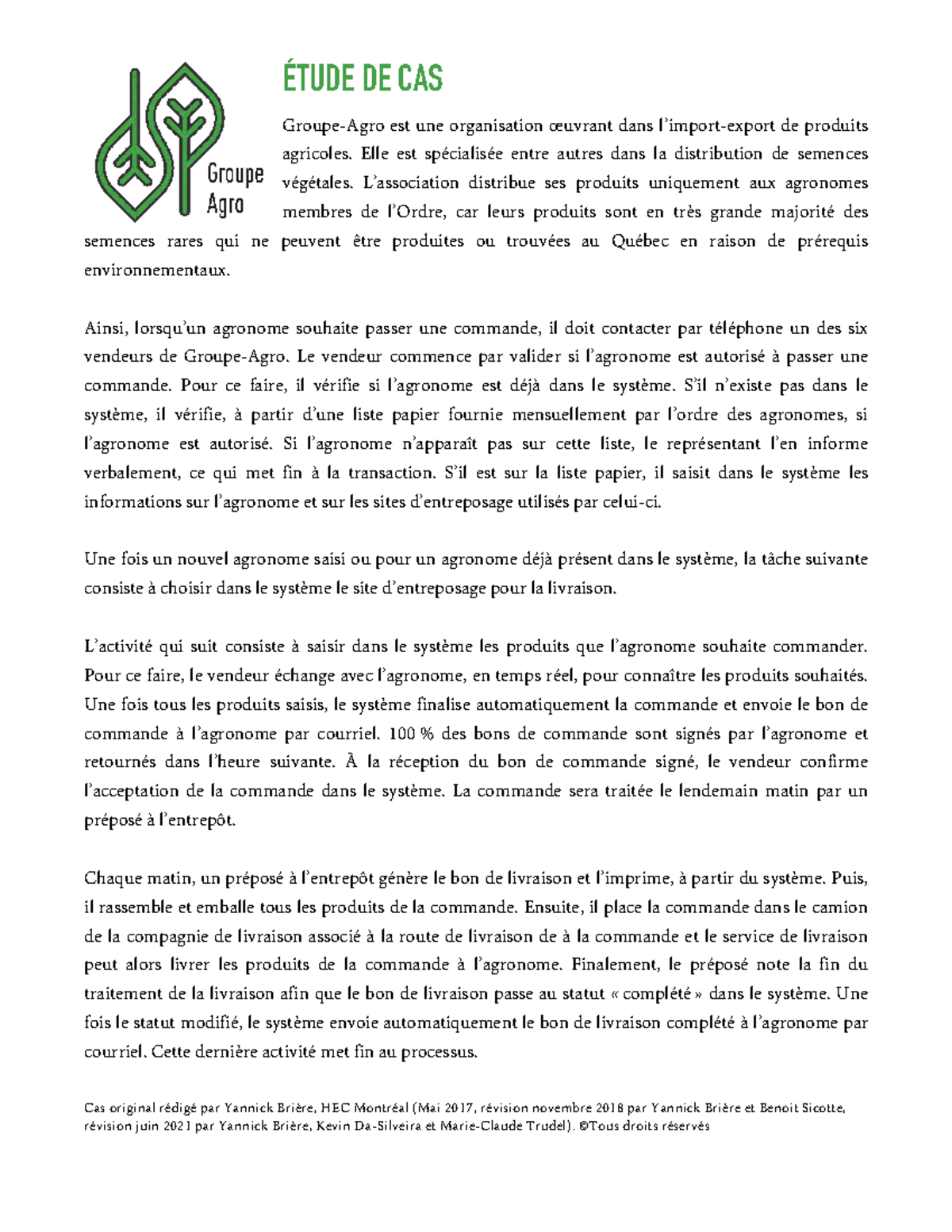 Description Cas Groupe-Agro - ÉTUDE DE CAS Cas original rédigé par ...