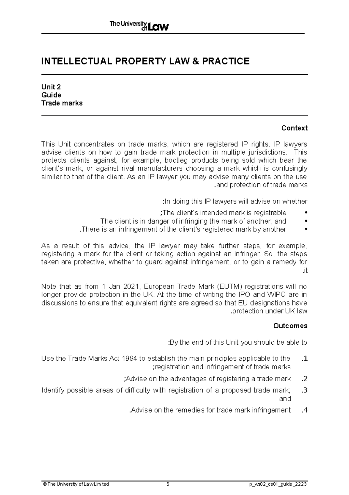2223 ip ws02 ce01 guide - .................. - INTELLECTUAL PROPERTY LAW & PRACTICE Unit 2 Guide ...