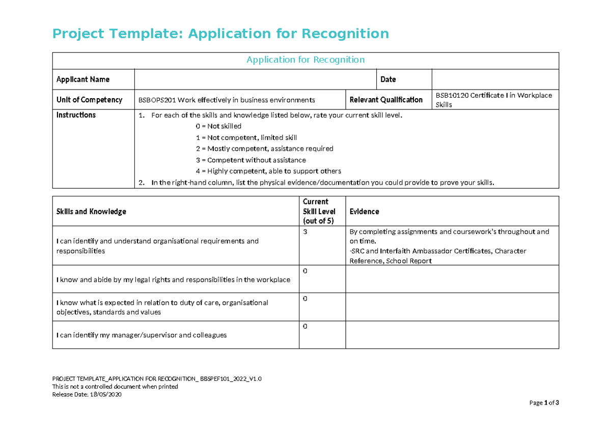 Bsbpef 101 A2 Project Template Application for Recognition - Project ...