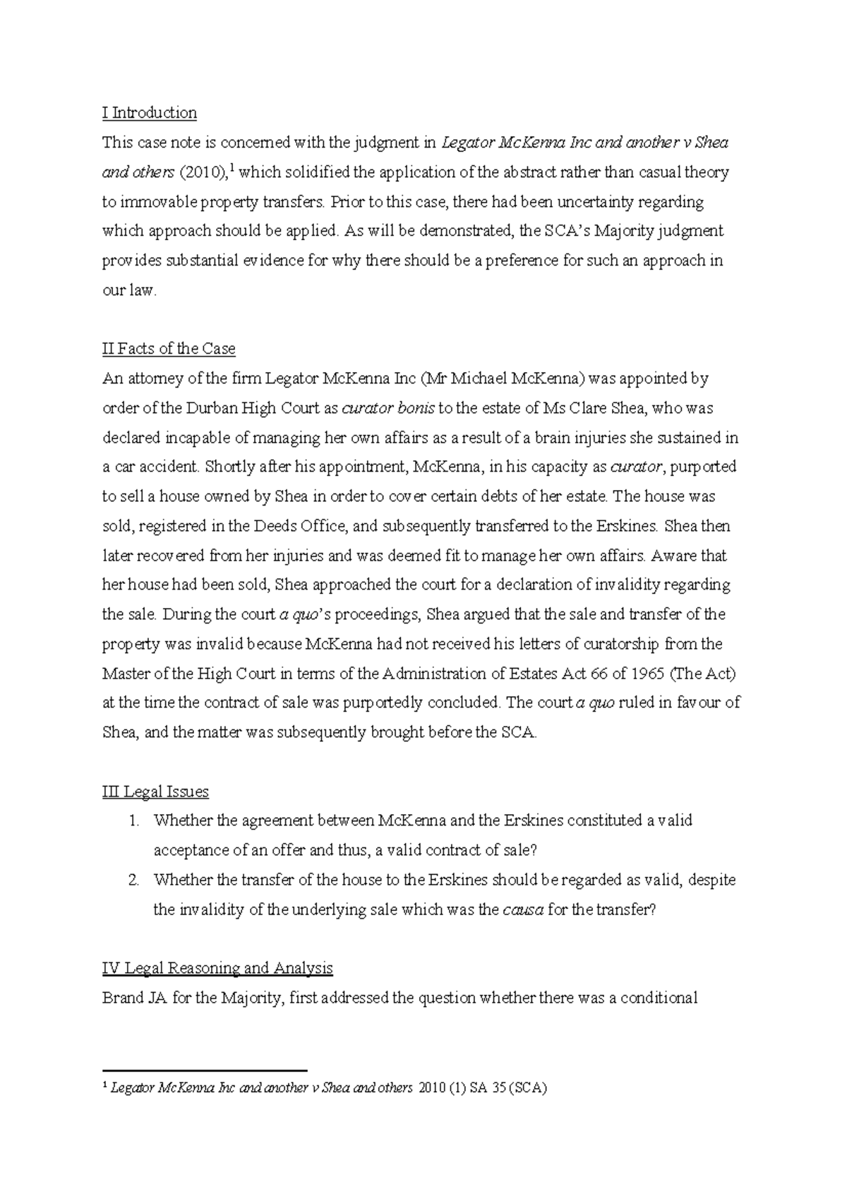 Contract tut 1 - case note - I Introduction This case note is concerned with the judgment in ...