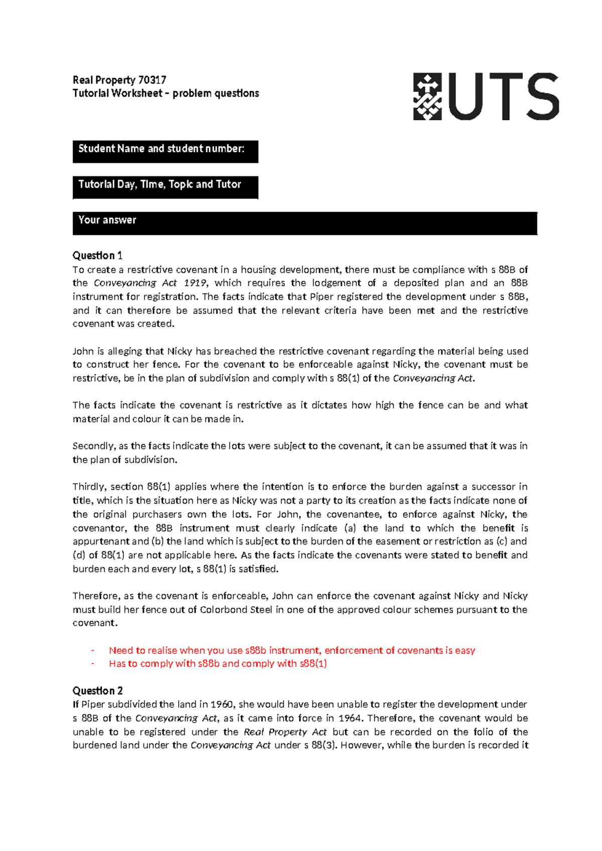 Tutorial 7 Pre-Preparation Worksheet - Real Property 70317 Tutorial ...