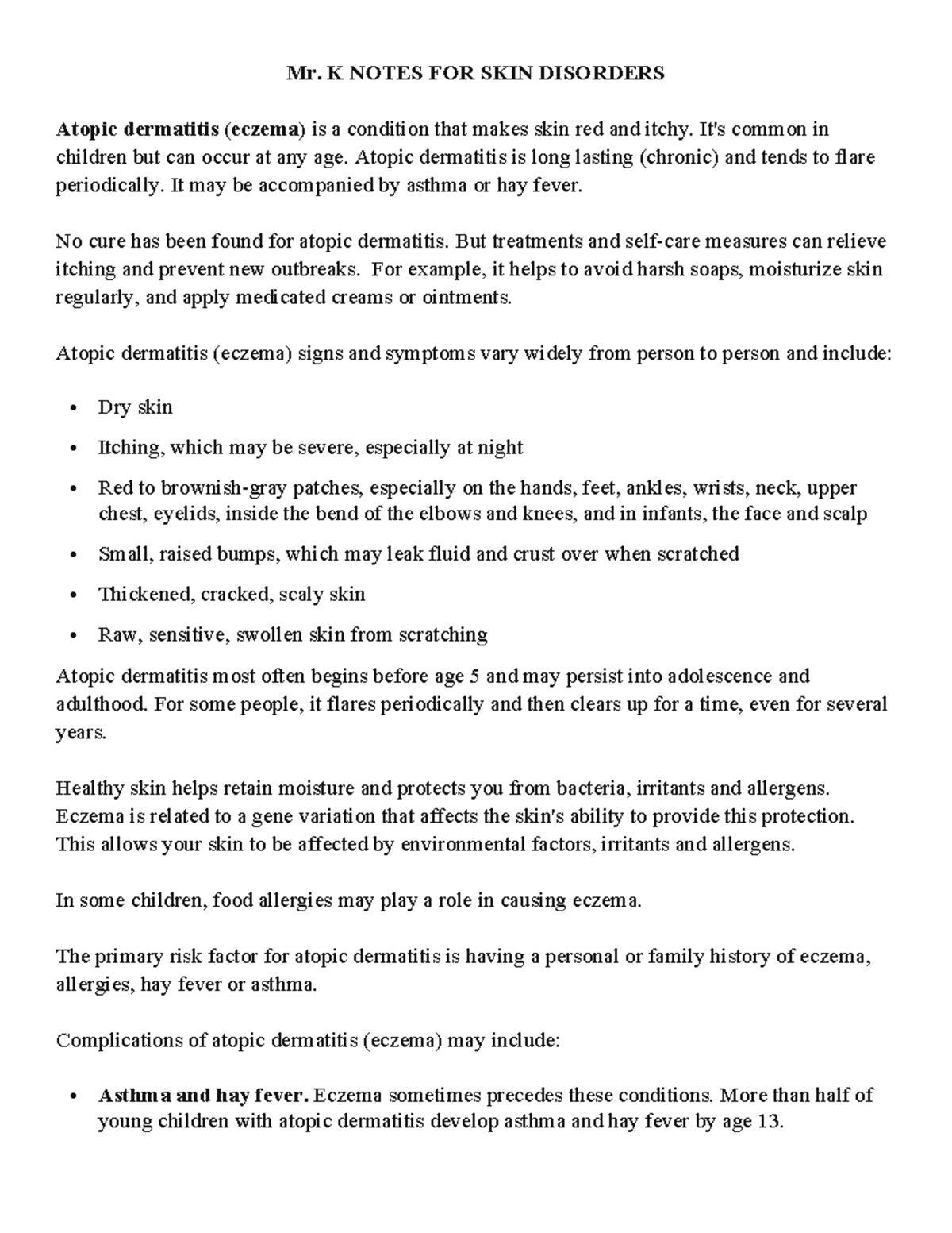 Notes FOR SKIN Disorders (1) - Mr. K NOTES FOR SKIN DISORDERS Atopic ...