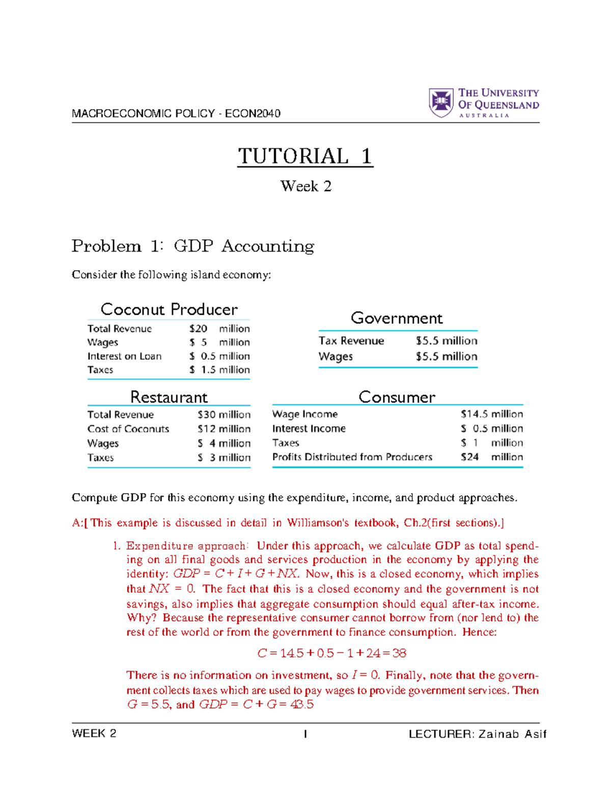 All Tutorial Solutions - WEEK 2 1 LECTURER: Zainab Asif MACROECONOMIC ...
