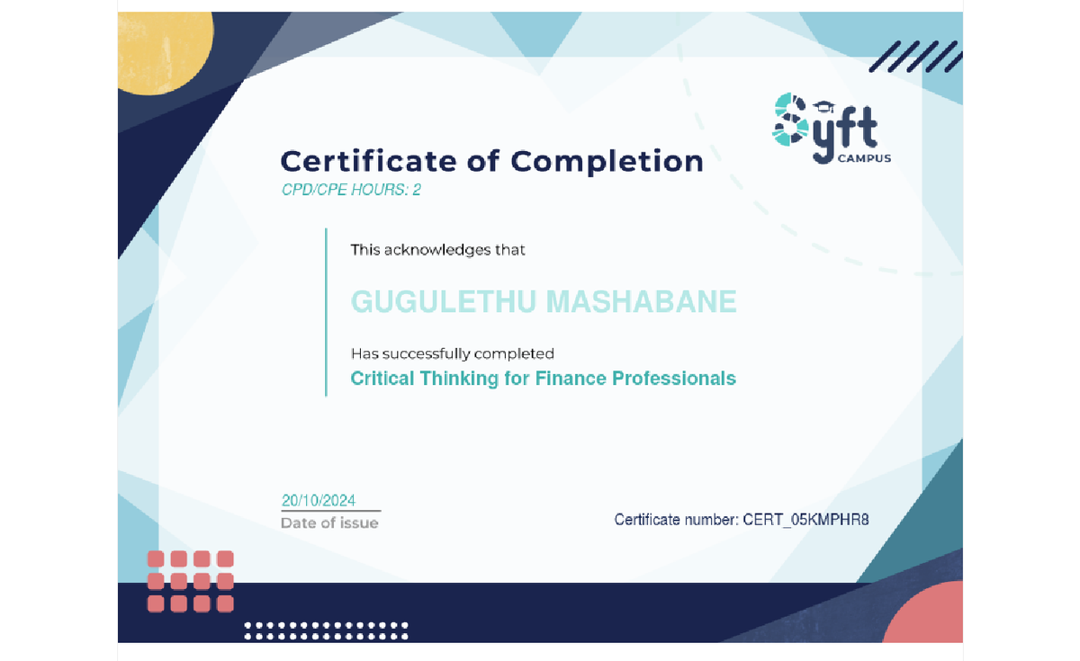 Certificate of completion for critical thinking for finance ...