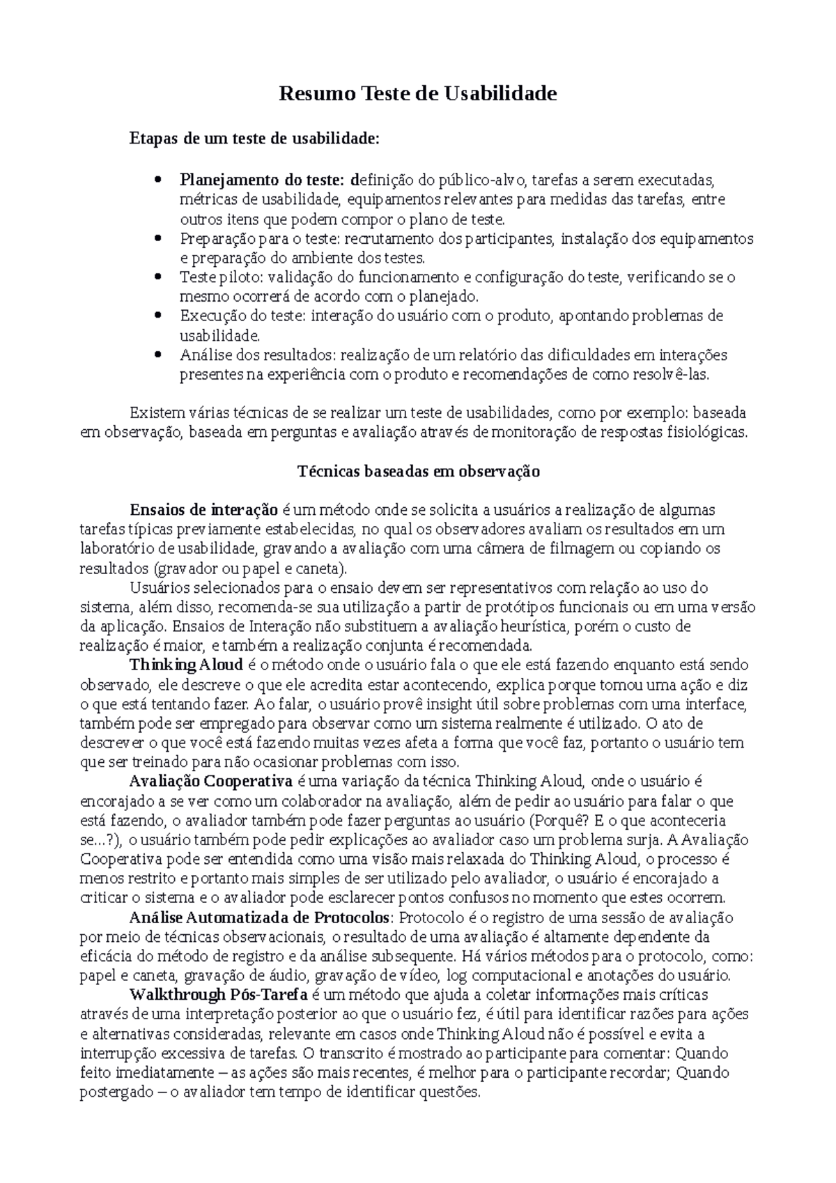 Teste de usabilidade em IHC - Resumo Teste de Usabilidade Etapas de um ...