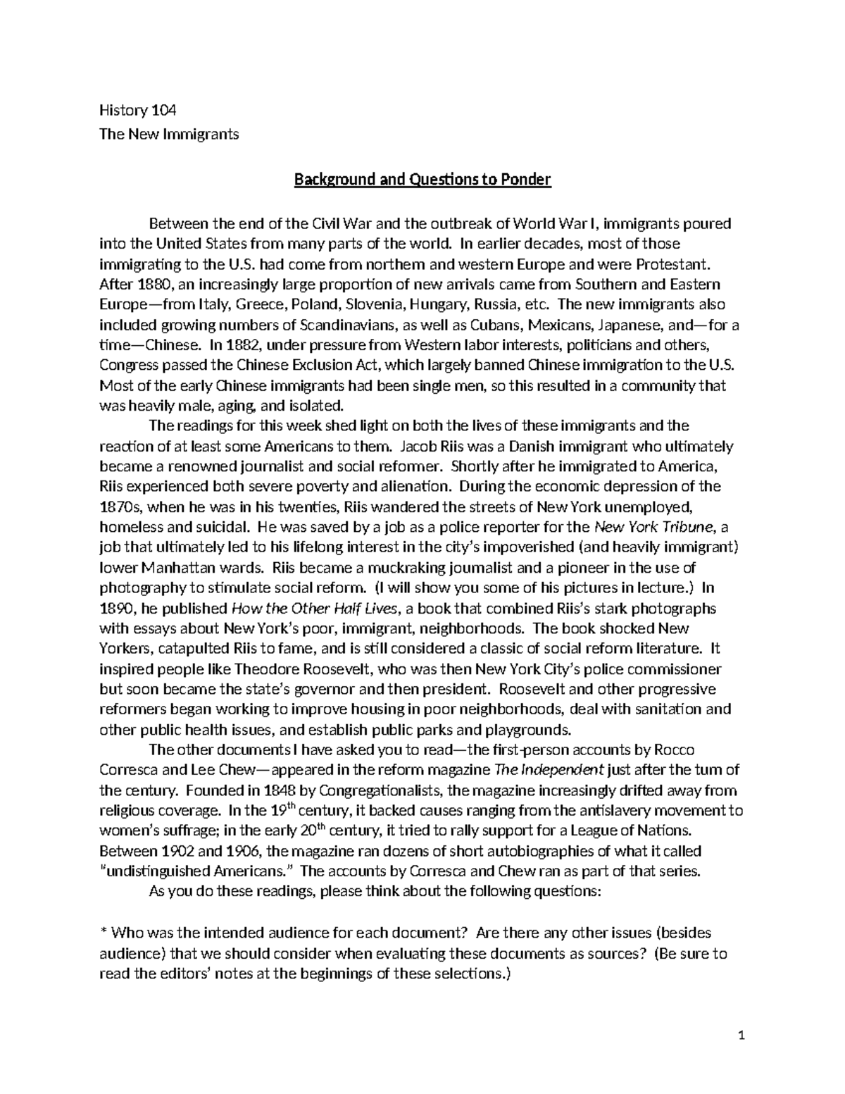 Reading Questions - The New Immigrants - History 104 The New Immigrants ...