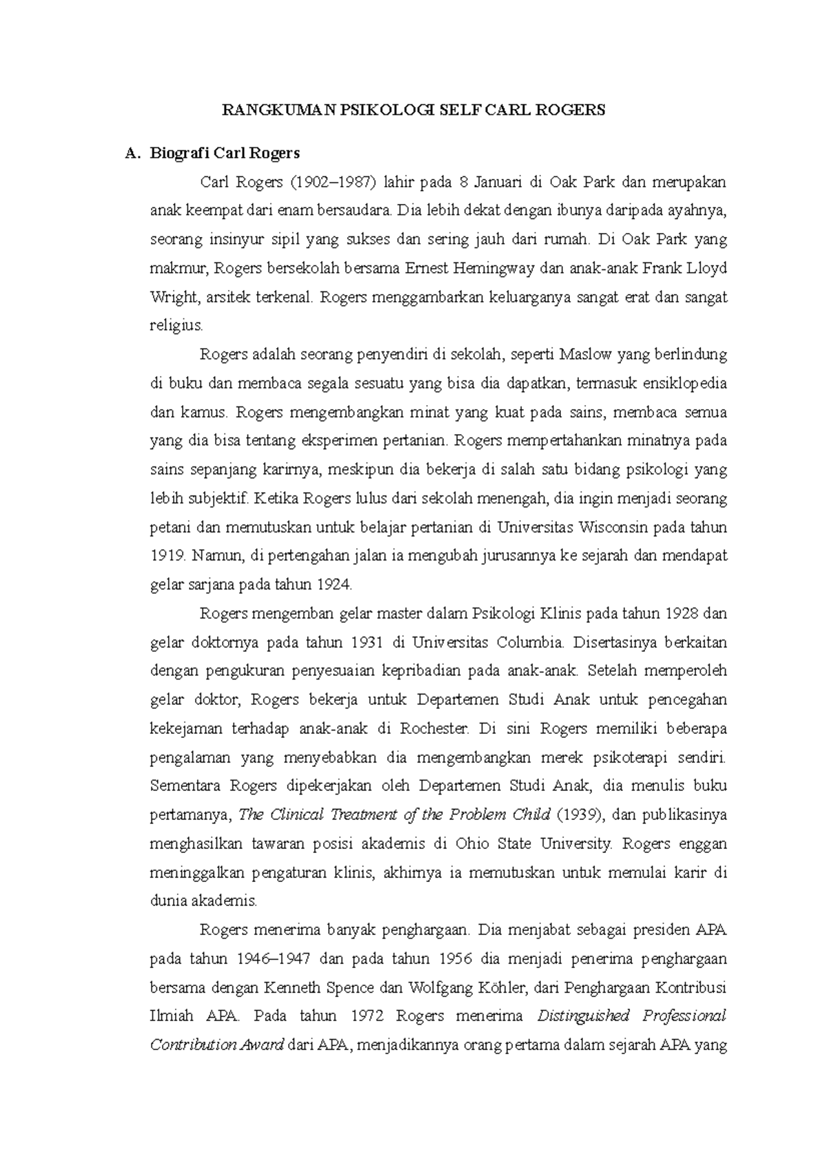 Rangkuman Carl Rogers - RANGKUMAN PSIKOLOGI SELF CARL ROGERS A ...