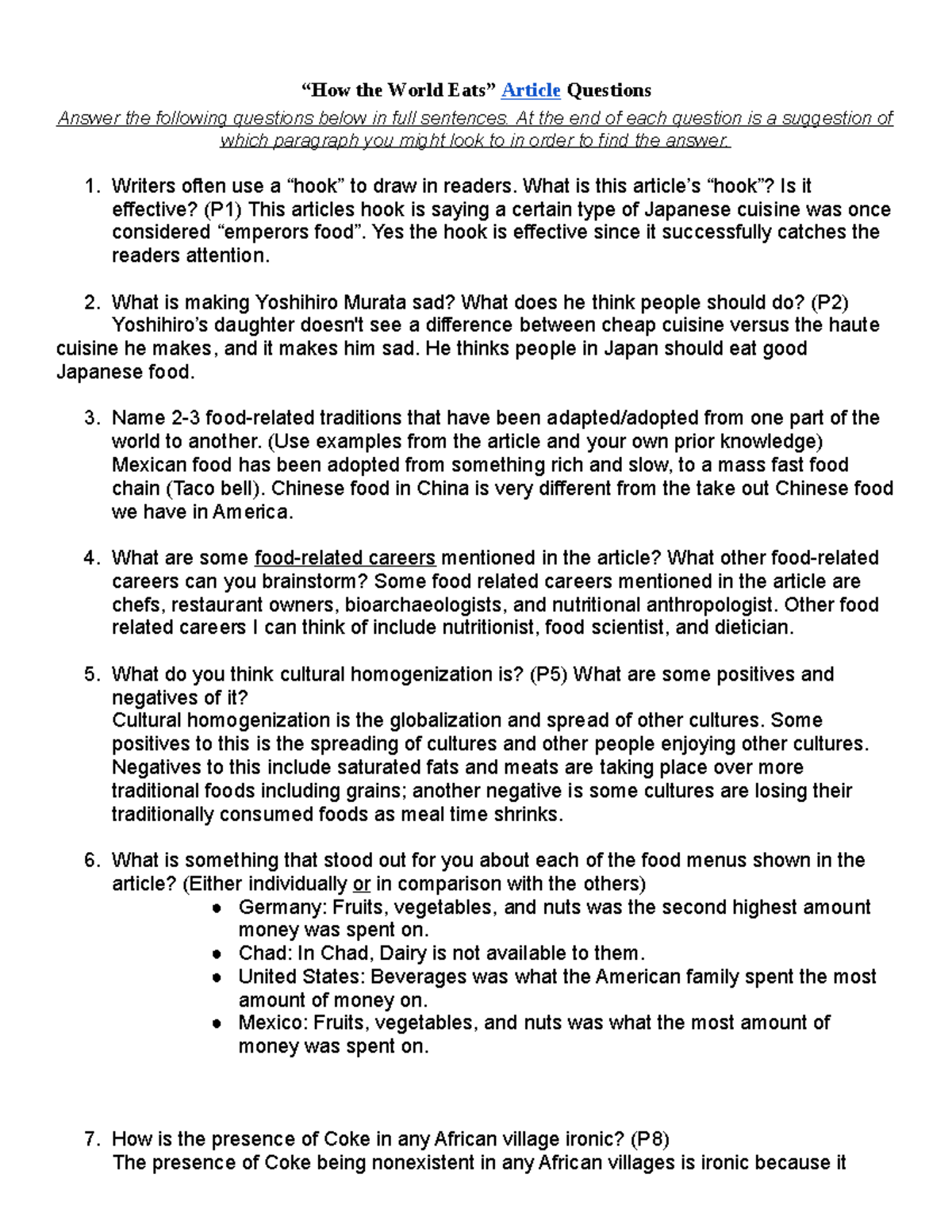 How the World Eats Article Homework Questions - “How the World Eats ...