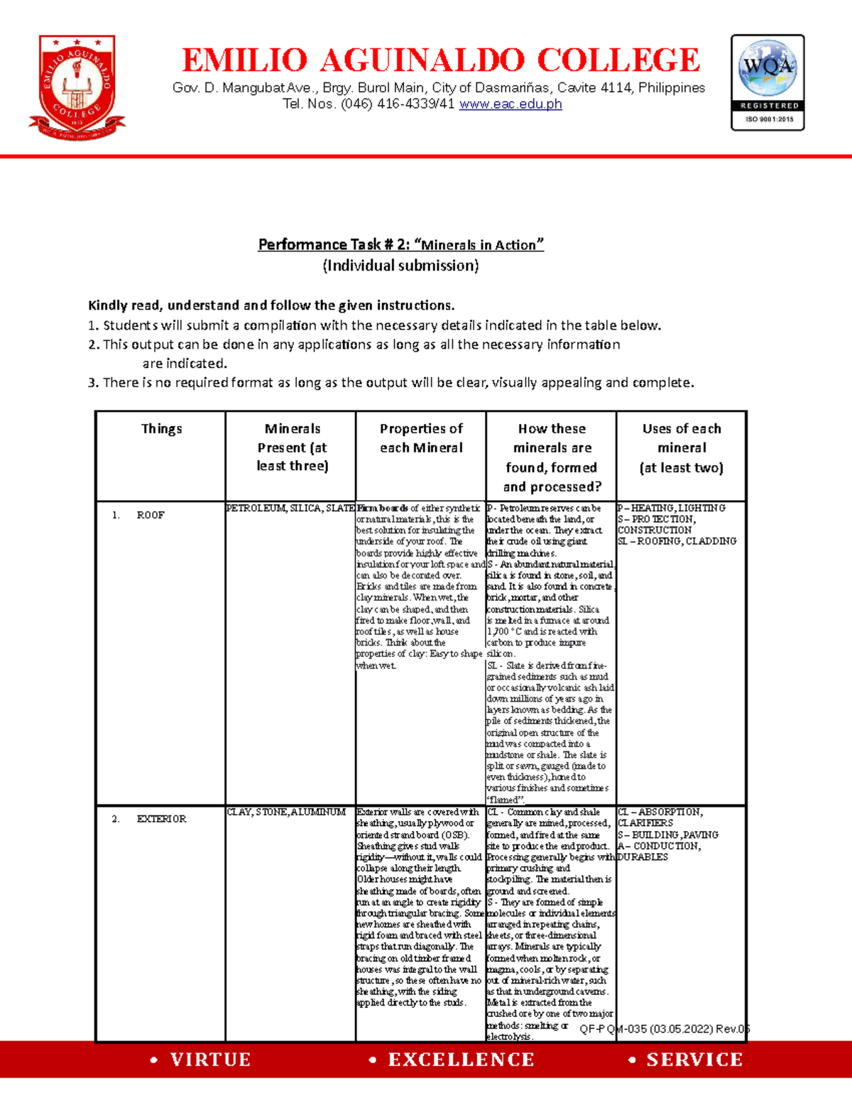 1st Q Lesson 2 PT#2 - THE OEODOEJDOIDEHIULD - Performance Task # 2: “Minerals in Action ...