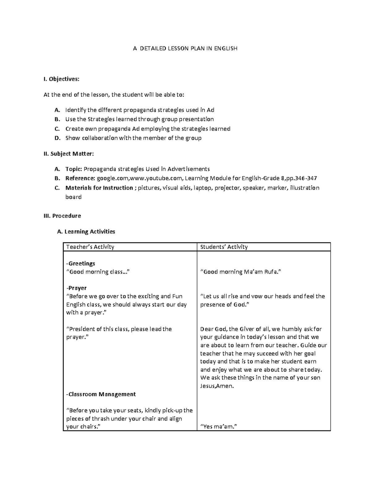 411818956 A Detailed Lesson Plan in English - A DETAILED LESSON PLAN IN ...