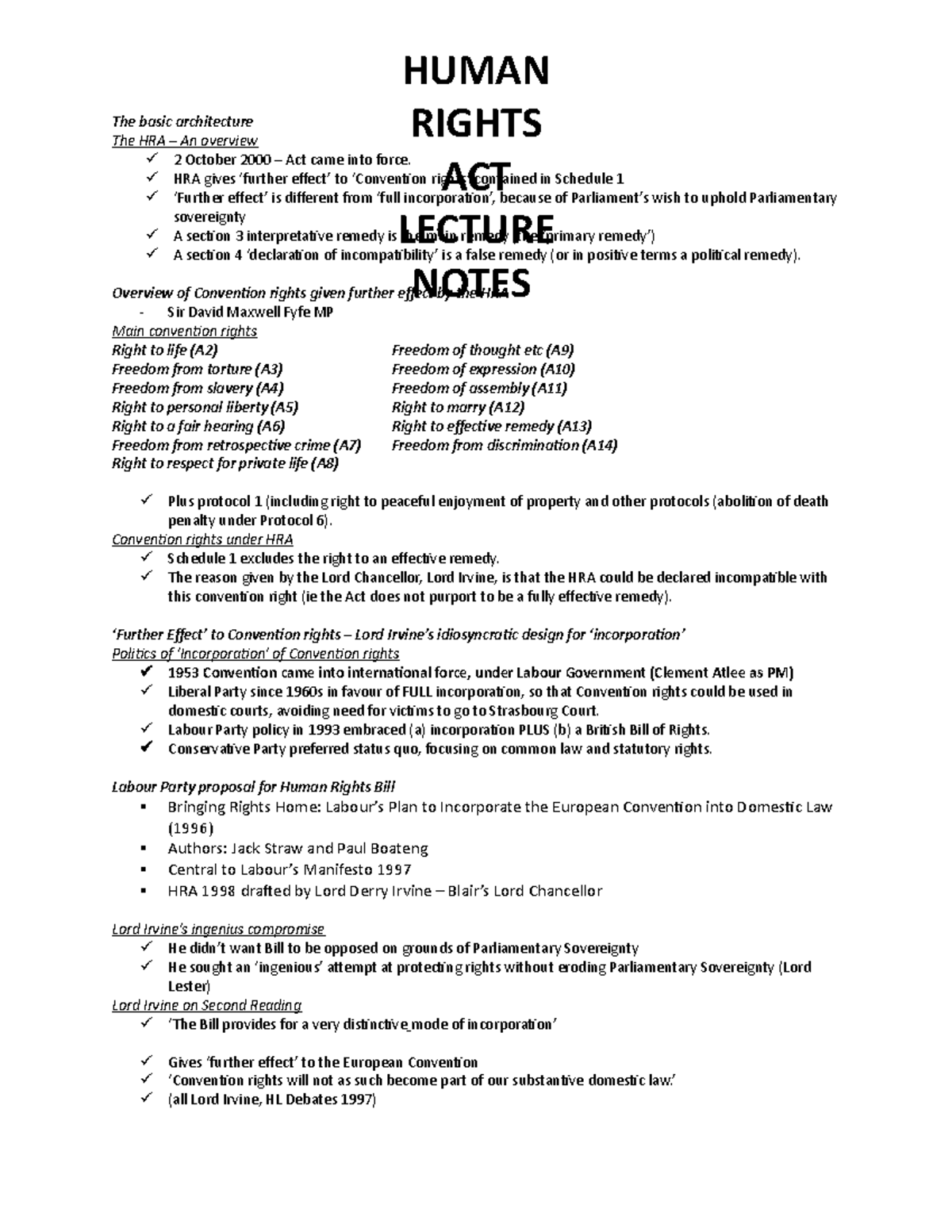 Human Rights Act notes - The basic architecture The HRA – An overview 2 ...
