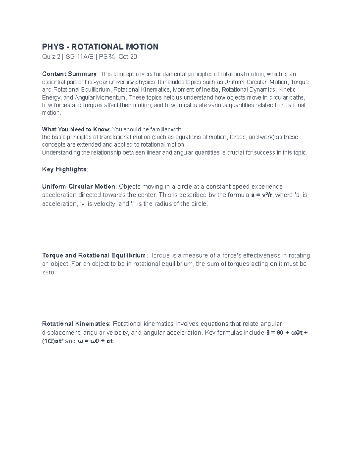 Untitled document-2 - Quiz 2, Study Guide 11 A&B , Chapter 9, Presets 3&4 - PHYS - ROTATIONAL ...