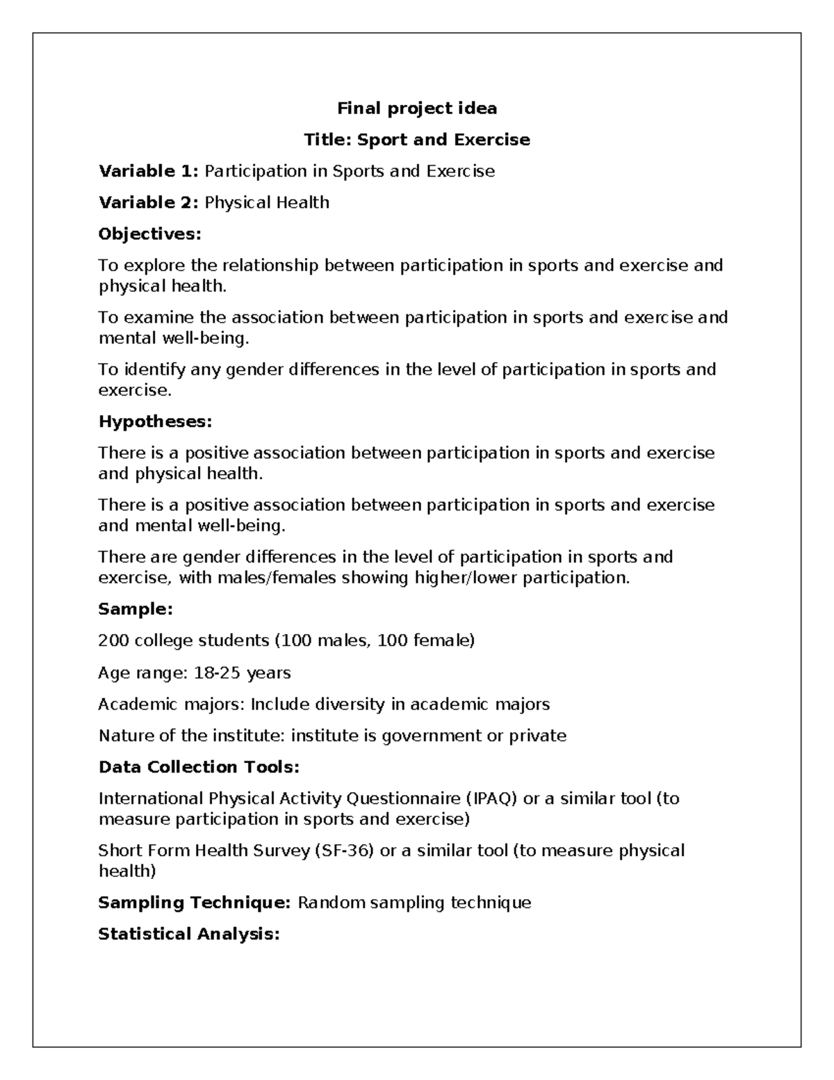 Sport and excersie - project idea selection - Final project idea Title ...