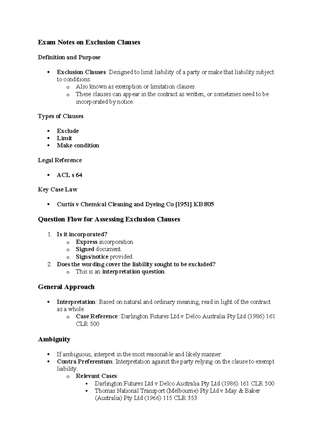 Exclusion Clause - exam notes - Exam Notes on Exclusion Clauses ...