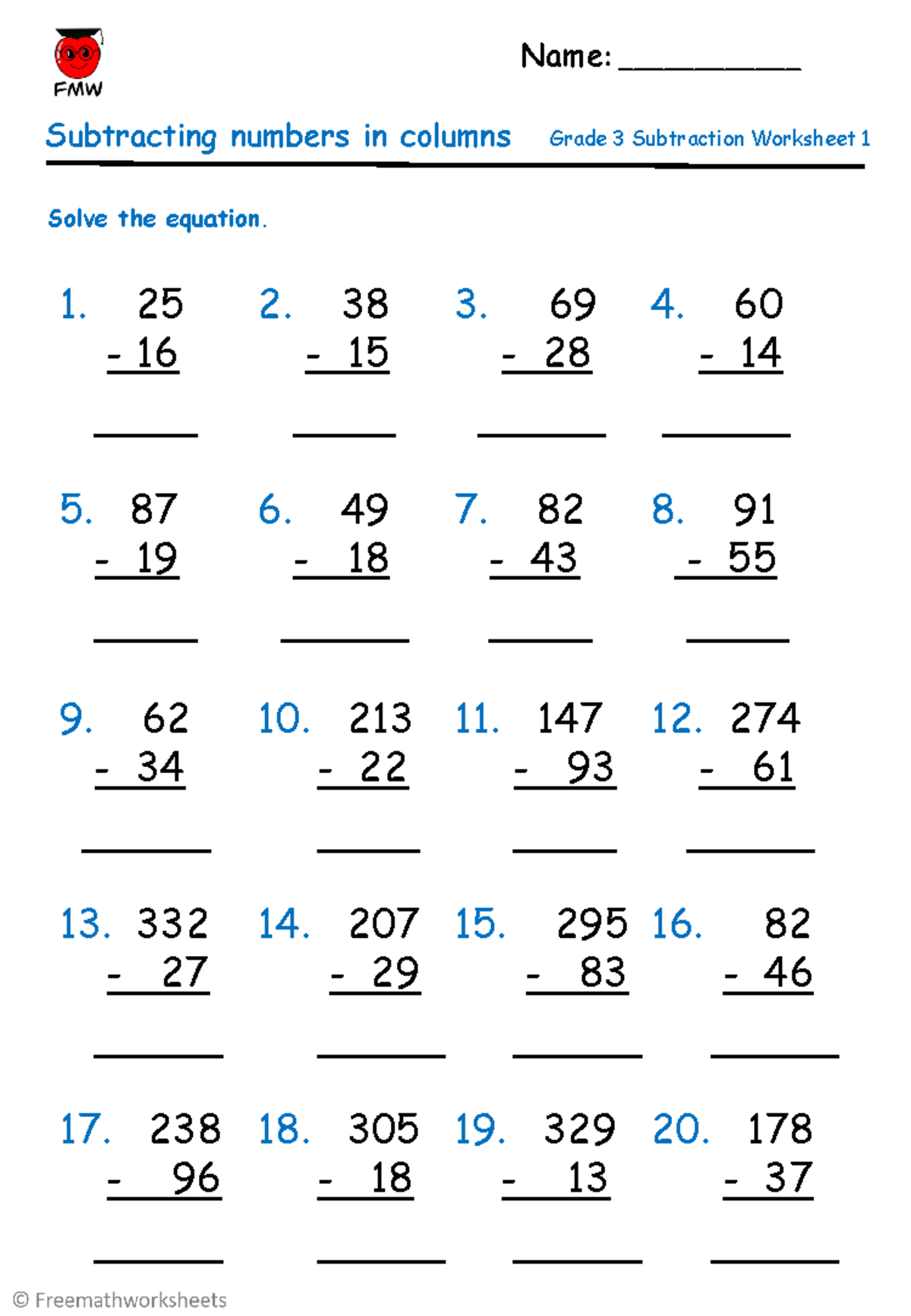 Grade 3 Subtraction worksheet 1 - Name: ____________ Subtracting ...