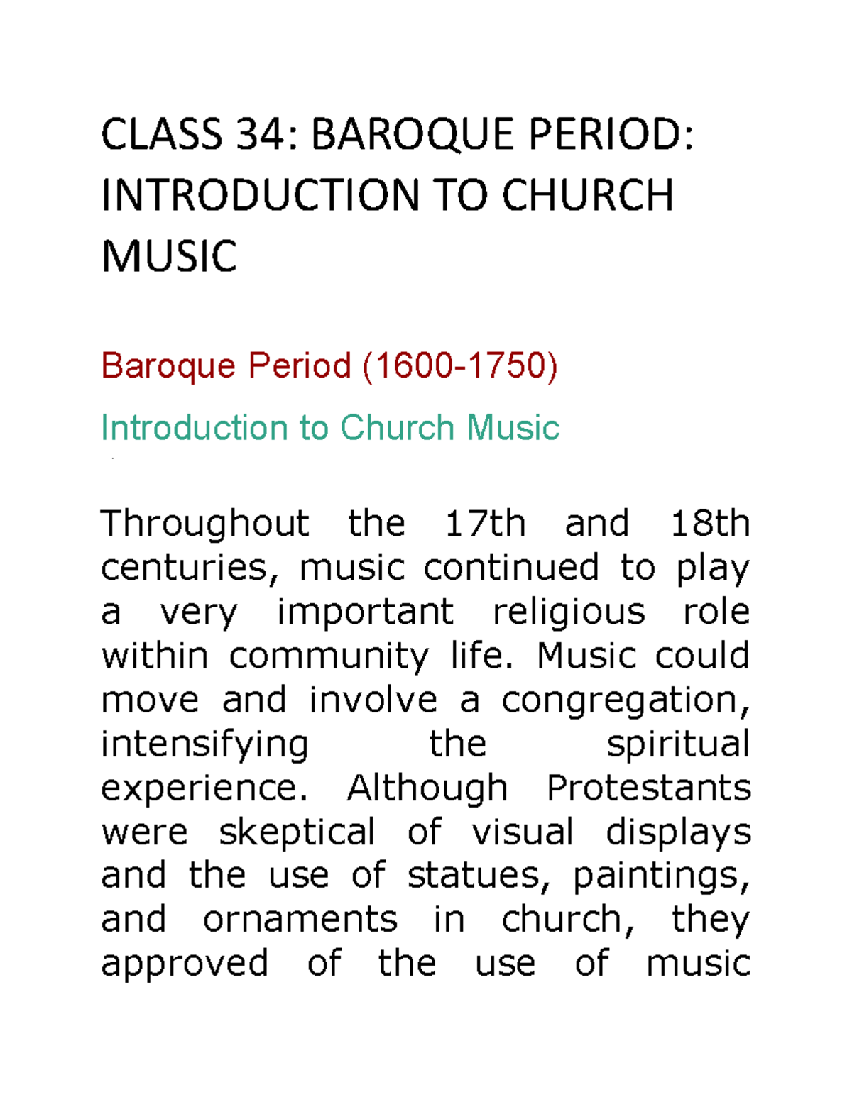 MUS 111 Class 34 Baroque Period- Introduction TO Church Music ...