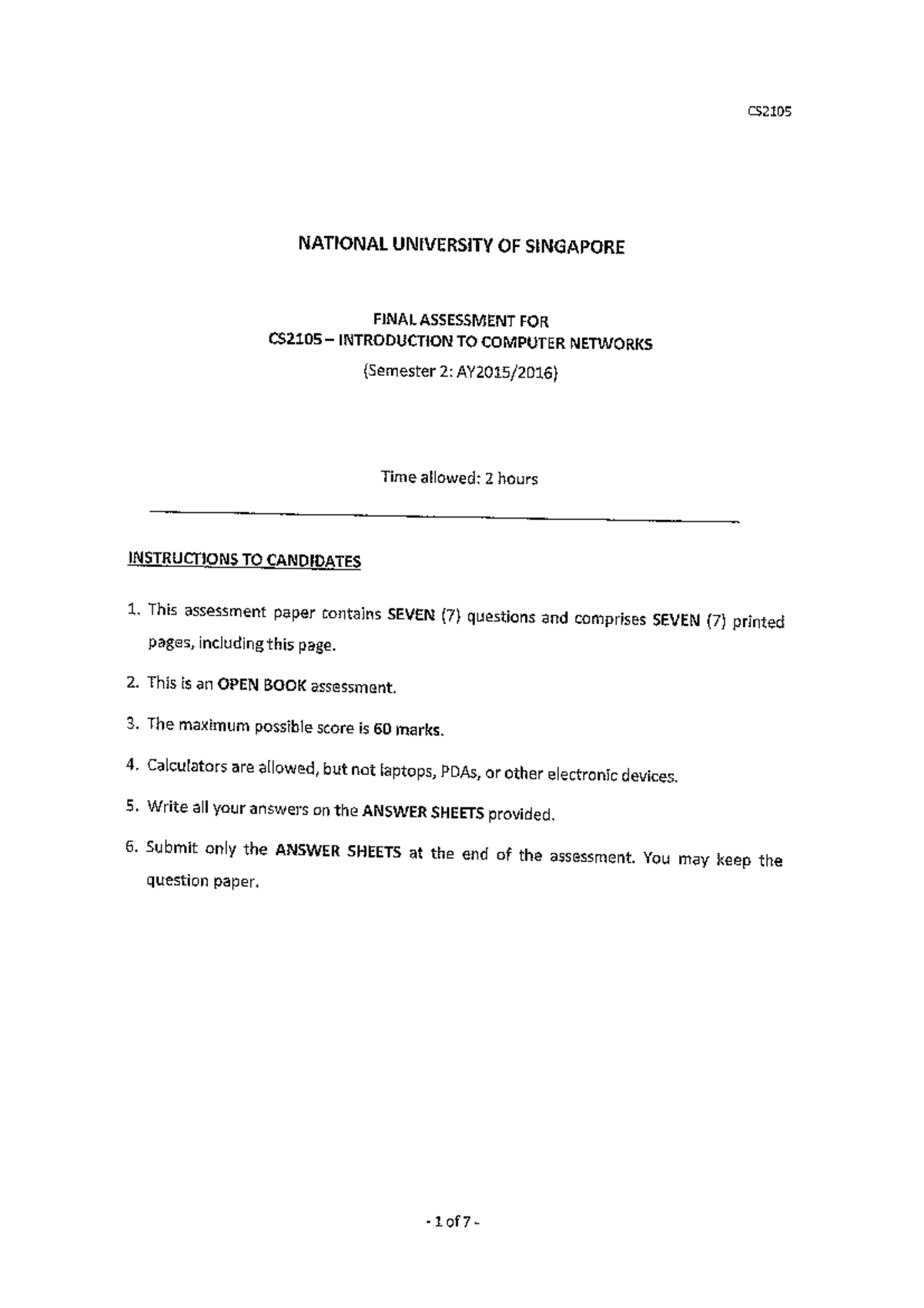 1516SEM2-CS2105(Q2-Q7) (CS2105 Final Paper Covering all Chapter) - CS2105 - Studocu