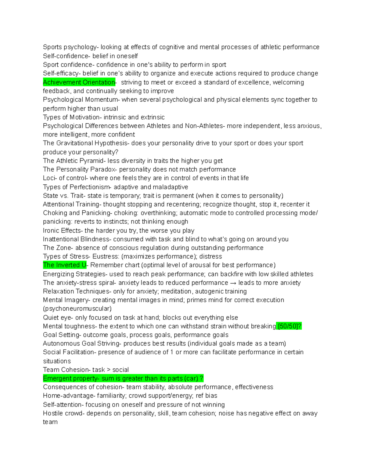Sports Psych Study Guide - Sports psychology- looking at effects of ...