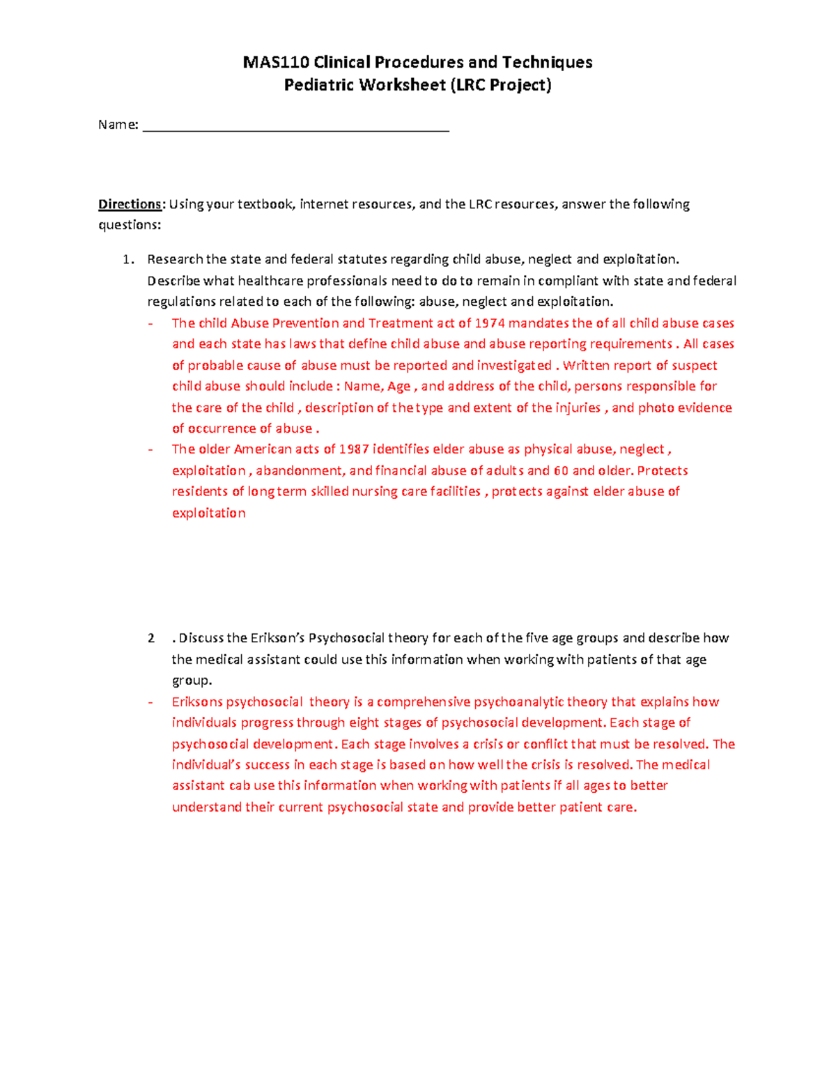 MAS110 Week 5 Pediatric Worksheet - MAS110 Clinical Procedures and ...