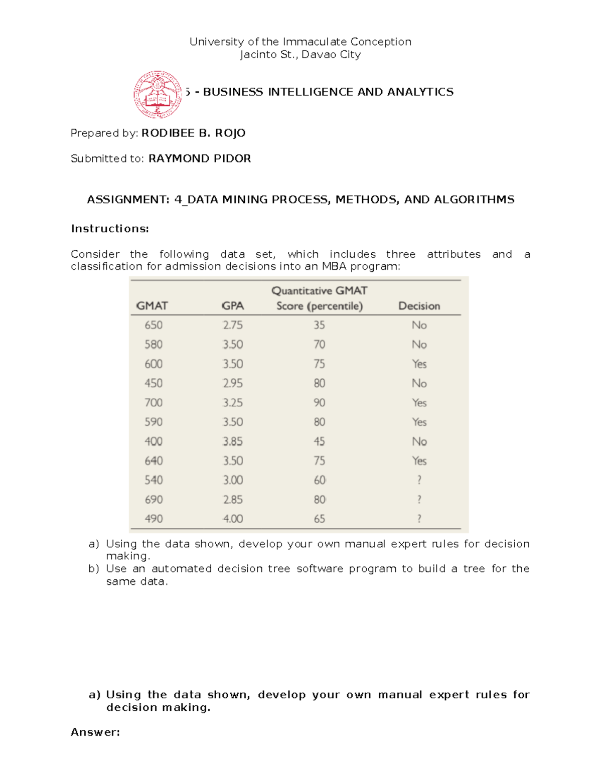 Assignment - 4 Data Mining Process, Methods, and Algorithms - University of the Immaculate - Studocu