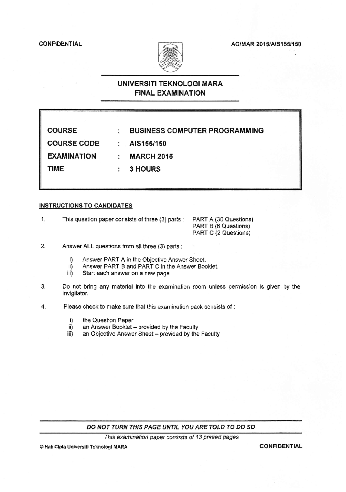 AIS155 March 2015 - EXAM QUESTION 2015 - Business computer programming - Studocu