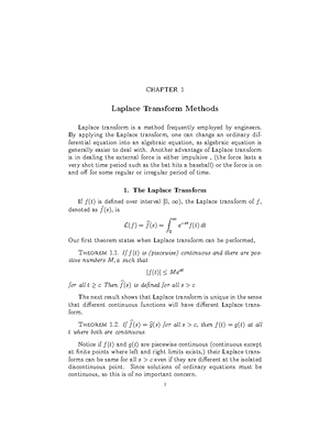 Laplace transforms - Chapter 3 Laplace Transforms Important analytical method for solving linear ...