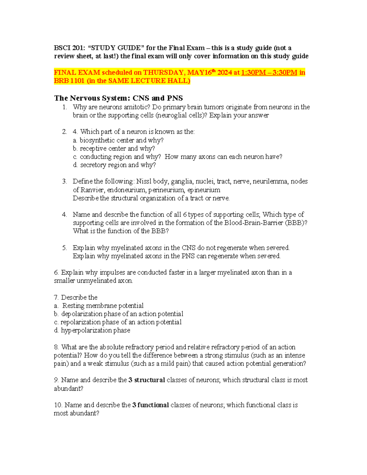 BSCI201 Final Exam S 24 Study Guide - BSCI 201: “STUDY GUIDE” for the ...