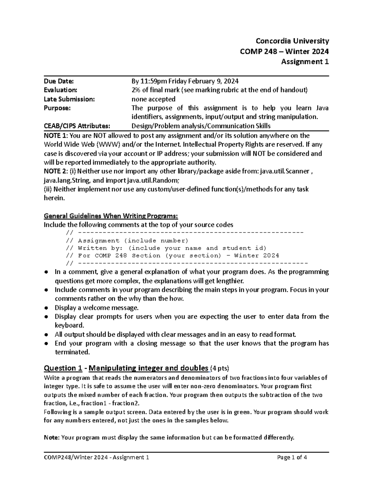 C248 A3 W2024 final - Concordia University COMP 248 – Winter 2024 ...