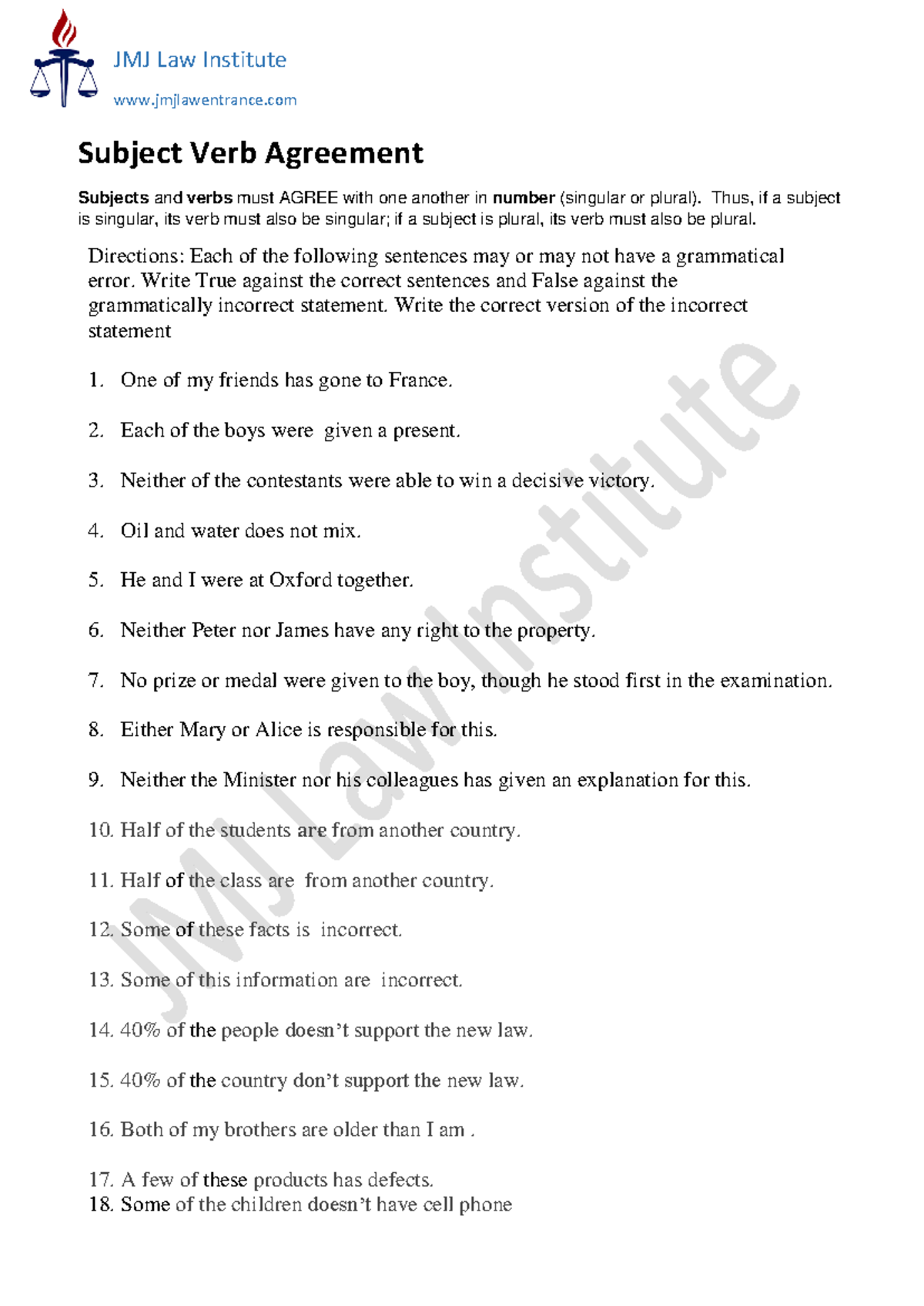 Subject - Verb Agreement 553438 - B A Honours Psychology - IGNOU - Studocu