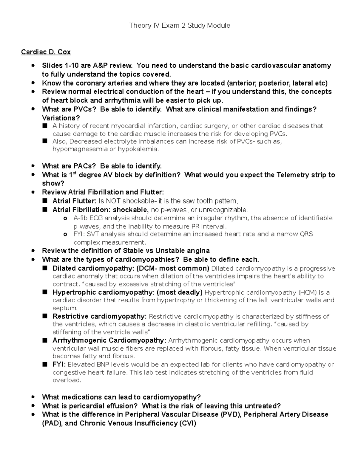 Exam 2 Study module - Theory IV Exam 2 Study Module Cardiac D. Cox ...