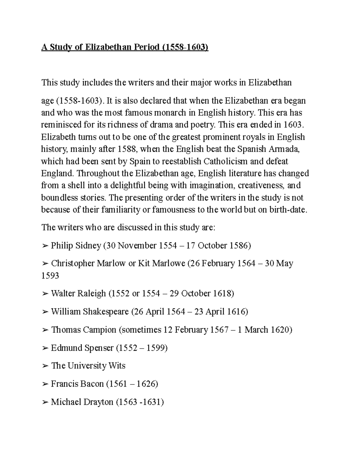 A Study of Elizabethan Period ie during the reign of Queen Elizabeth ...