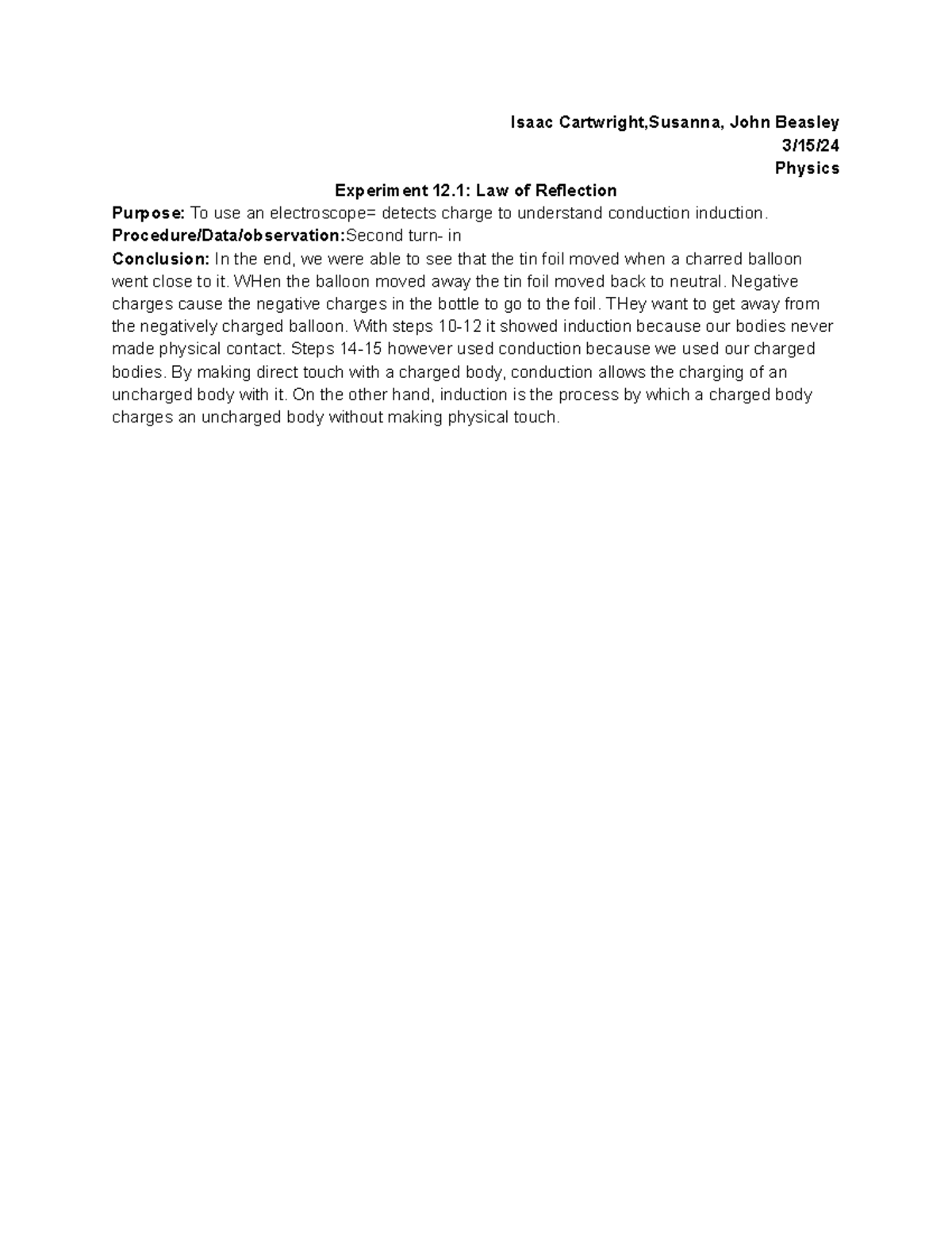 Cartwright Lab 13 - Isaac Cartwright,Susanna, John Beasley 3/15 ...