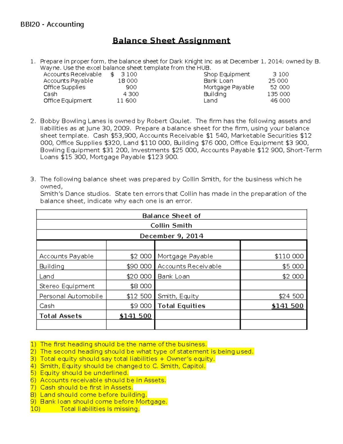 Balance Sheet Assignment - BBI20 - Accounting Balance Sheet Assignment ...