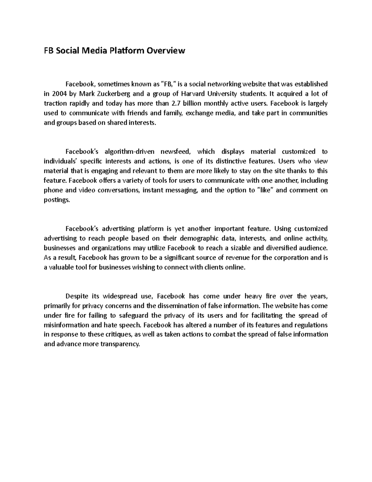 Lecture Notes - FB Social Media Platform Overview - FB Social Media ...